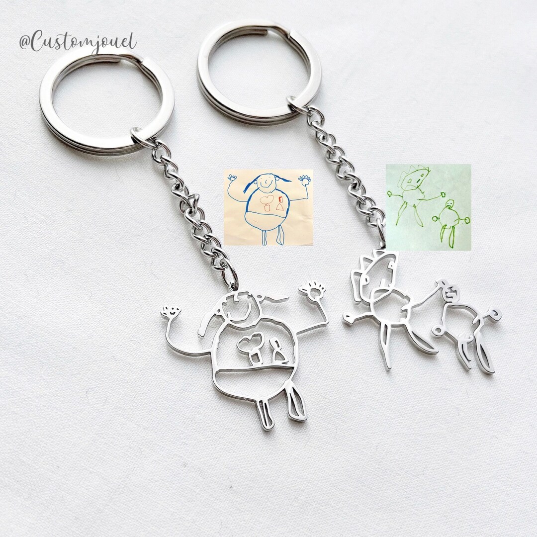 Kids Drawing Keychain, Hand Drawn Keyring, Personalised Logo Keychain ...