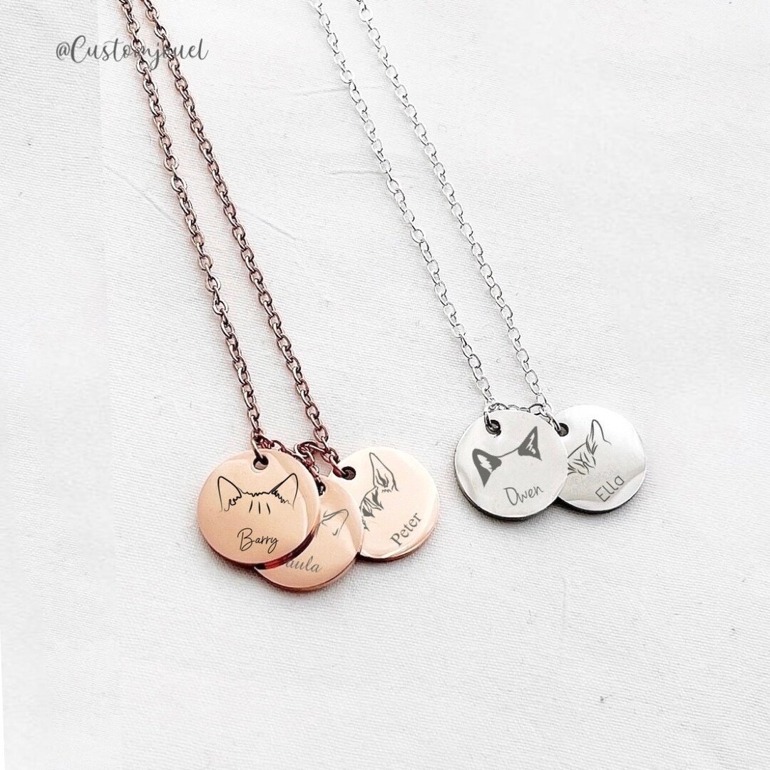 Personalised Cat Ears Necklace, Engraved Cat Necklace, Custom Cat ...