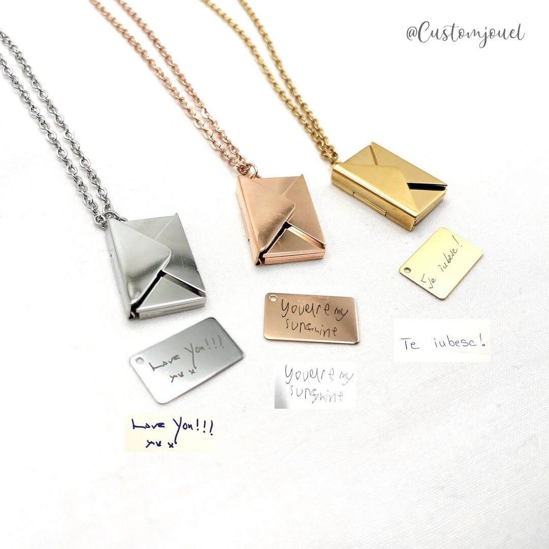 Handwriting Letter Card Necklace, Engraved Handwritten Message in ...
