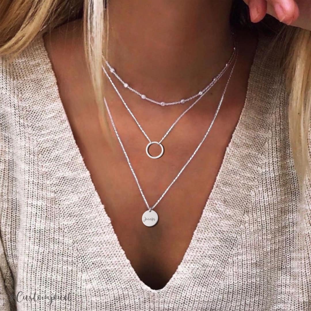 Engraved Triple Layer Necklace, Layered Necklace Set, Multi Layer Disc ...