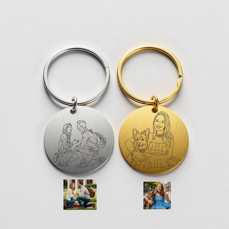 Custom Picture Keyring, Hand Drawn Photo Key Tag, Engraved Cartoon ...
