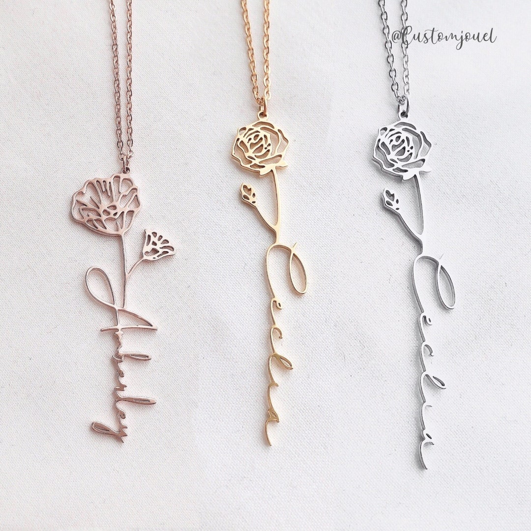Birth Flower Name Necklace, Personalised Birth Flower Necklace, Birth ...