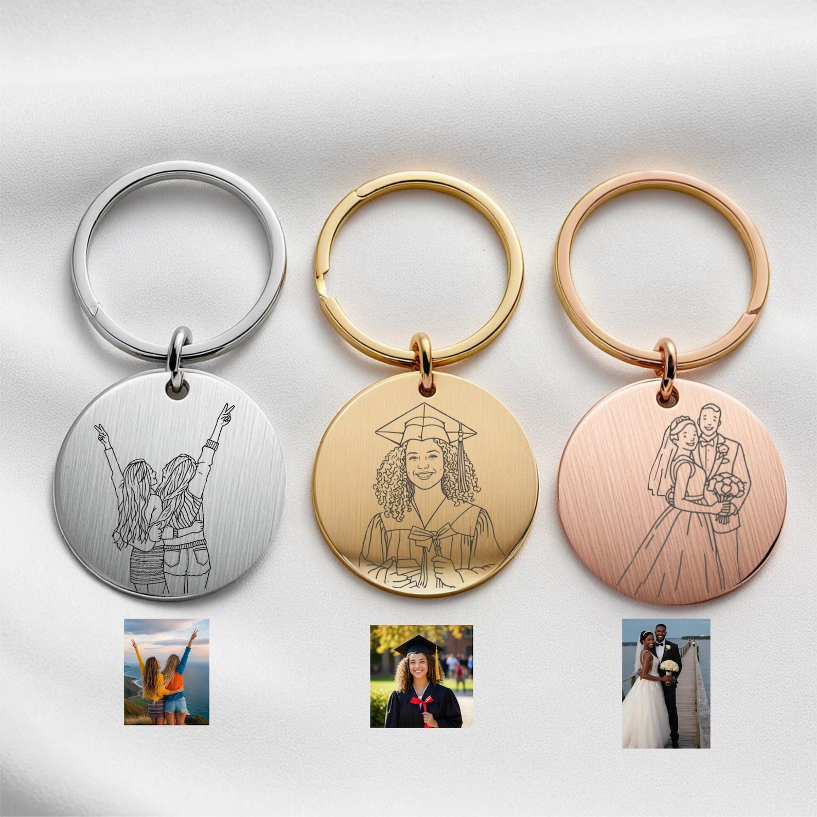 Custom Picture Keyring, Hand Drawn Photo Key Tag, Engraved Cartoon ...