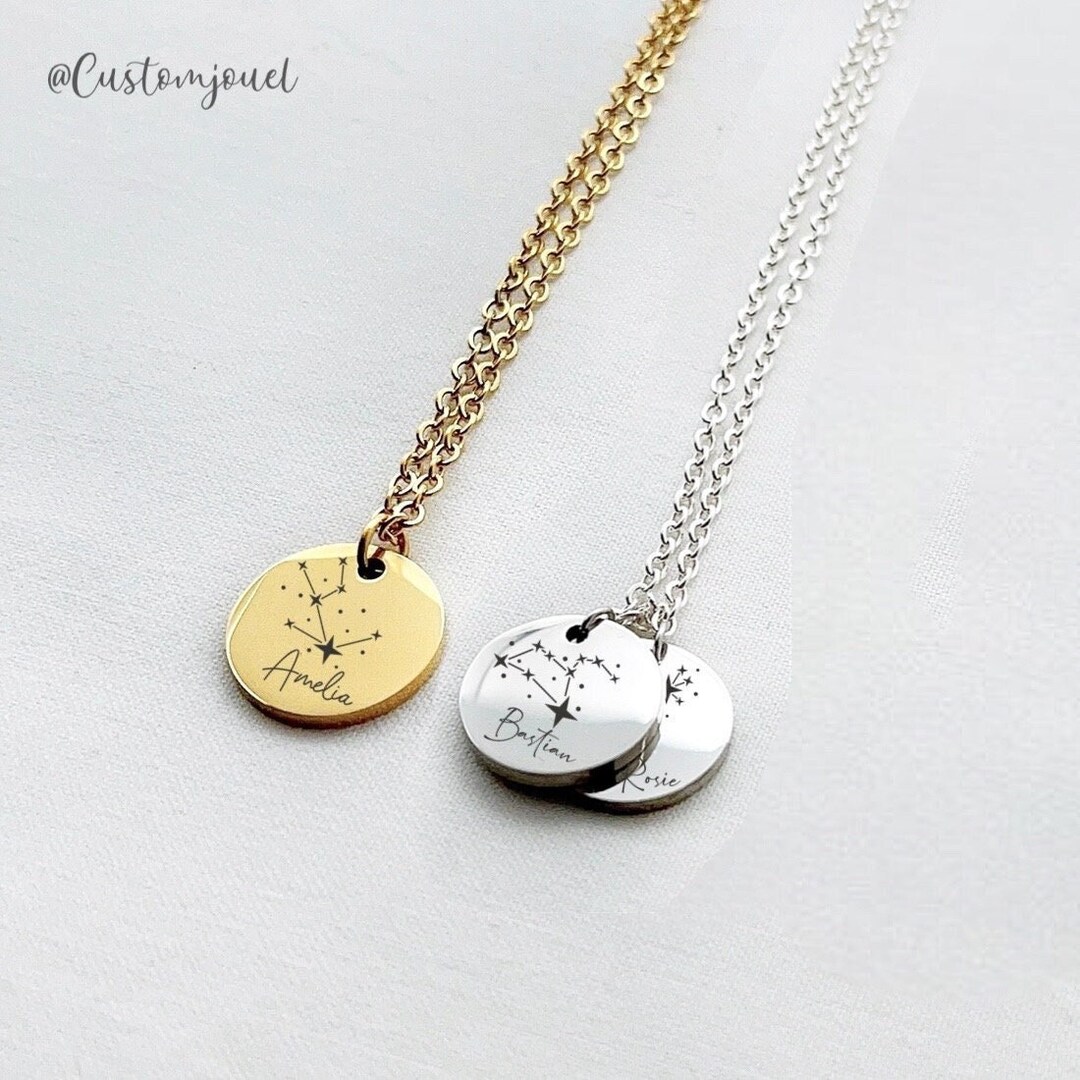Zodiac Star Disc Necklace, Zodiac Sign Name Necklace, Engraved ...