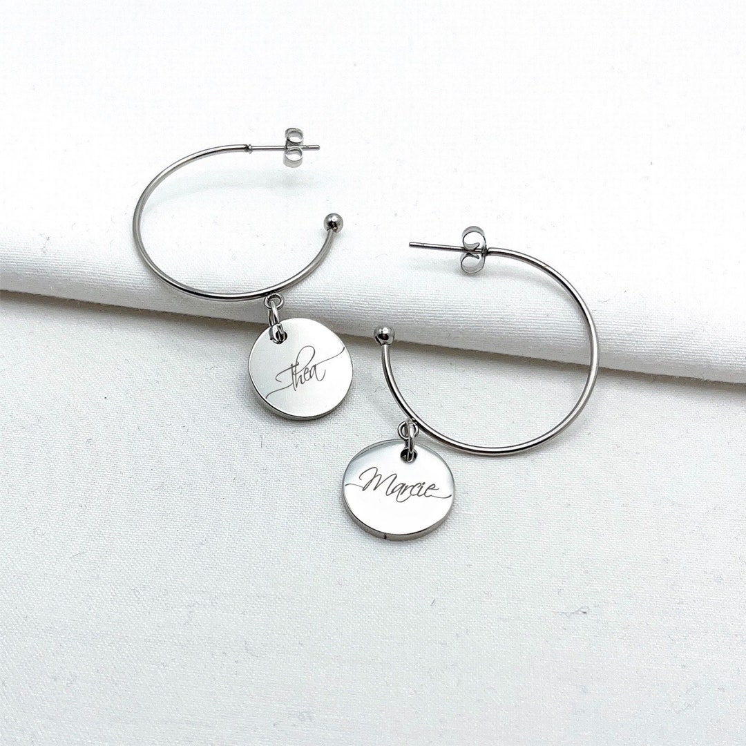 Custom Dainty Hoops, Engraved Swirly Name Disc Earring, Script Name ...