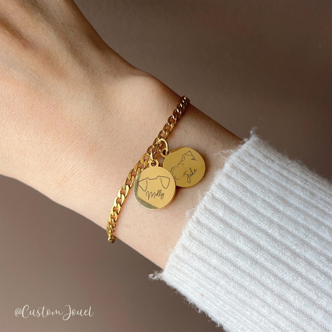 Dog Disc Curb Chain Bracelet, Custom Dog Breed Ear Bracelet, Engraved ...