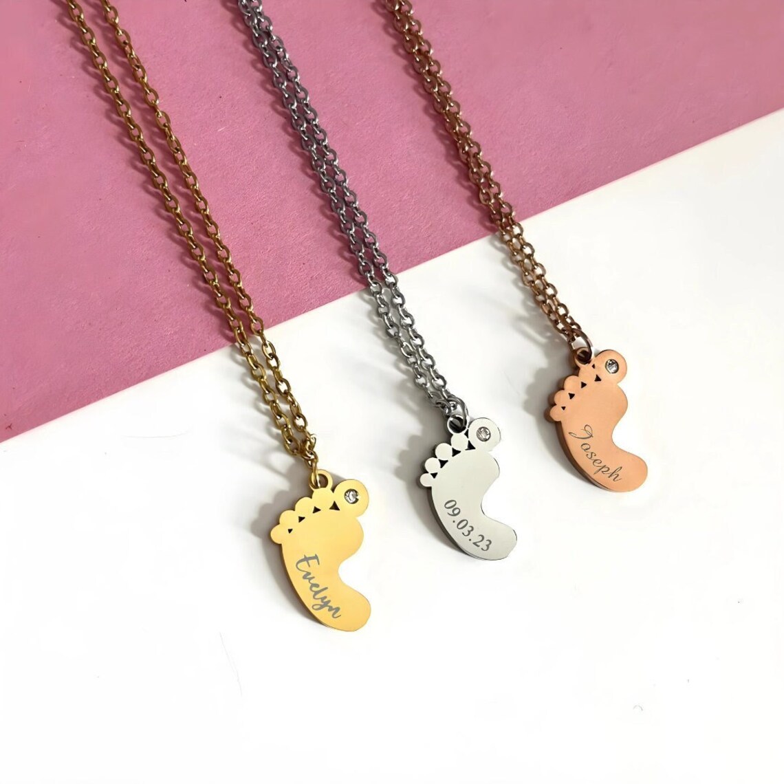 Custom Baby Feet Necklace With Gemstone, Engraved Child Foot Print ...