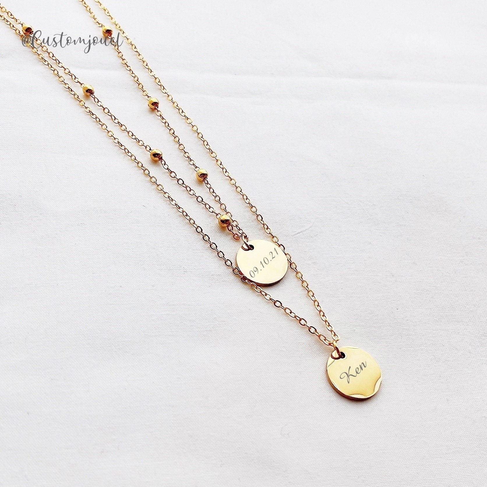 Double Strand Necklace With Custom Discs, Spaced Beads Layer Necklace ...