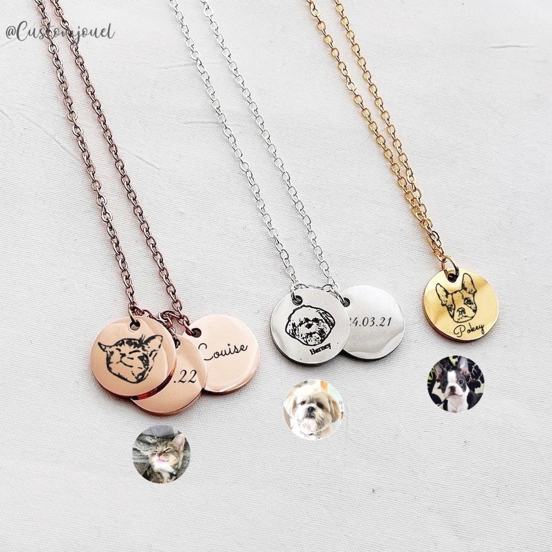 Custom Pet Portrait Necklace, Engraved Pet Photo Necklace, Personalised ...