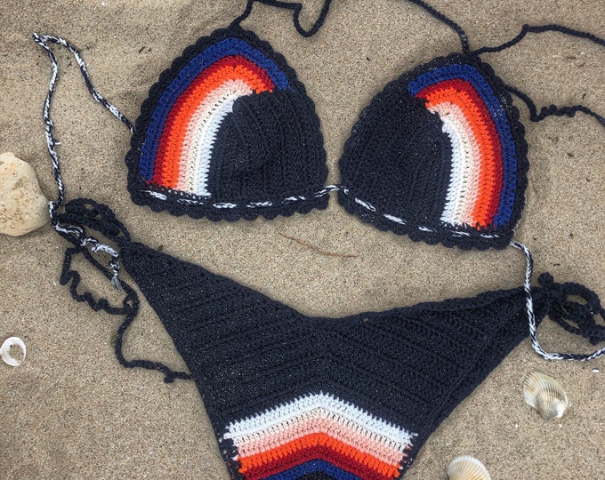 Vintage Crochet Two Piece Swimsuit / Color Blocking Tie Bottom Bathing ...