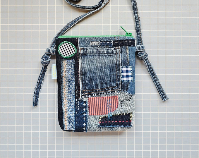 One-off Handmade Upcycled Denim Patchwork Sashiko Boro Phone Bag, Mini ...