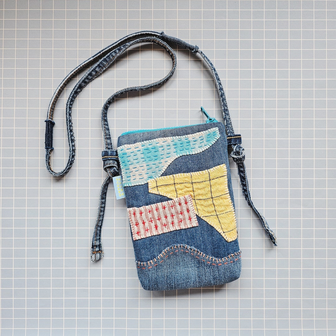 One-off Handmade Upcycled Denim Patchwork Sashiko Boro Phone Bag, Mini ...