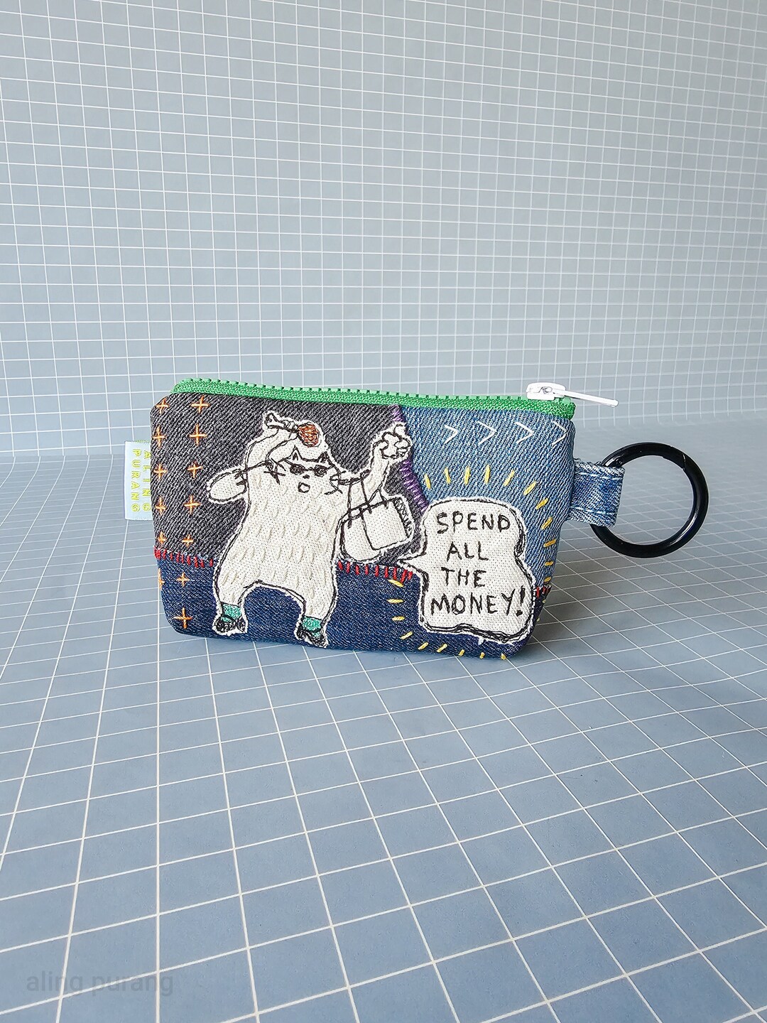 Original Artwork Upcycled Denim Pouch | Cat Themed Freestyle Embroidery ...