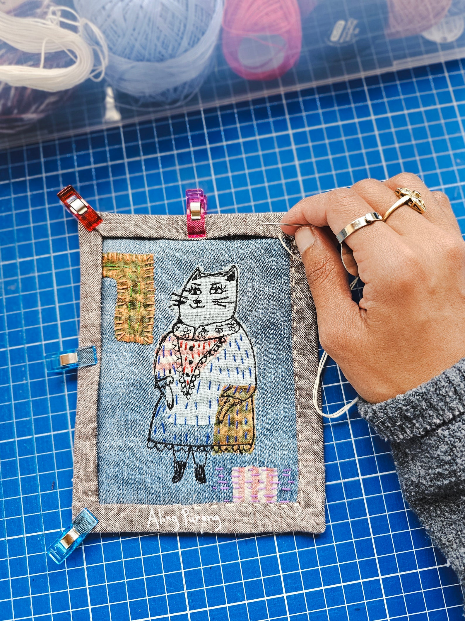 One off Piece Upcycled Denim Cat Coaster | Original Textile Art ...