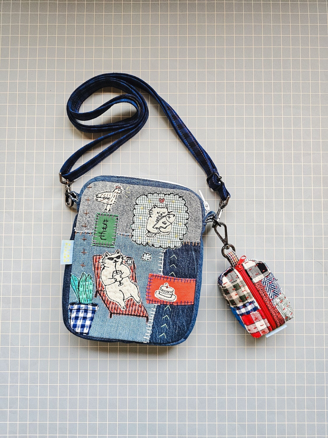Original Artwork One off Piece Upcycled Denim Patchwork Sashiko Cat Bag ...