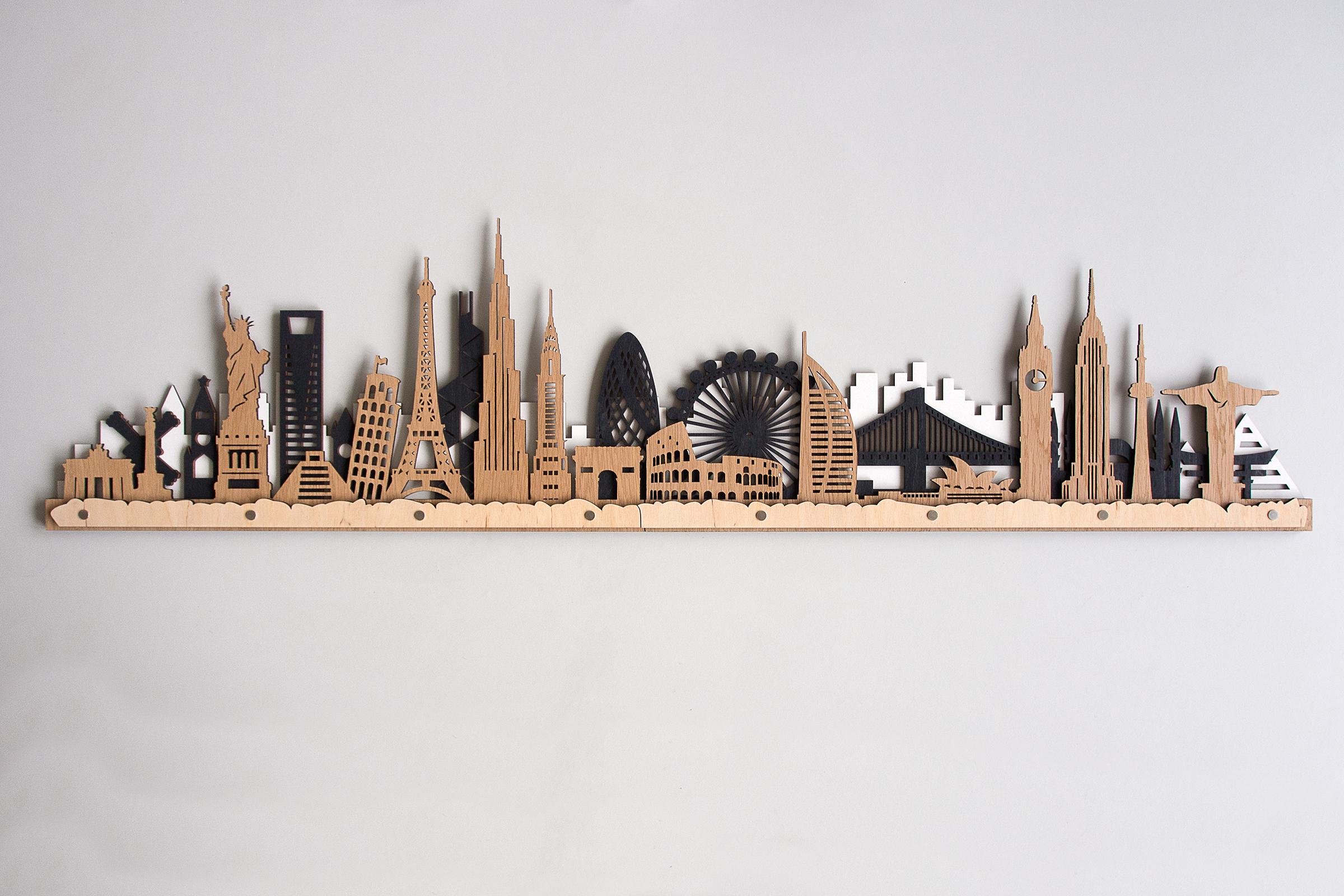 World Skyline Colored Wooden Cityscape 3d Layered Laser Cut Wall Art US ...