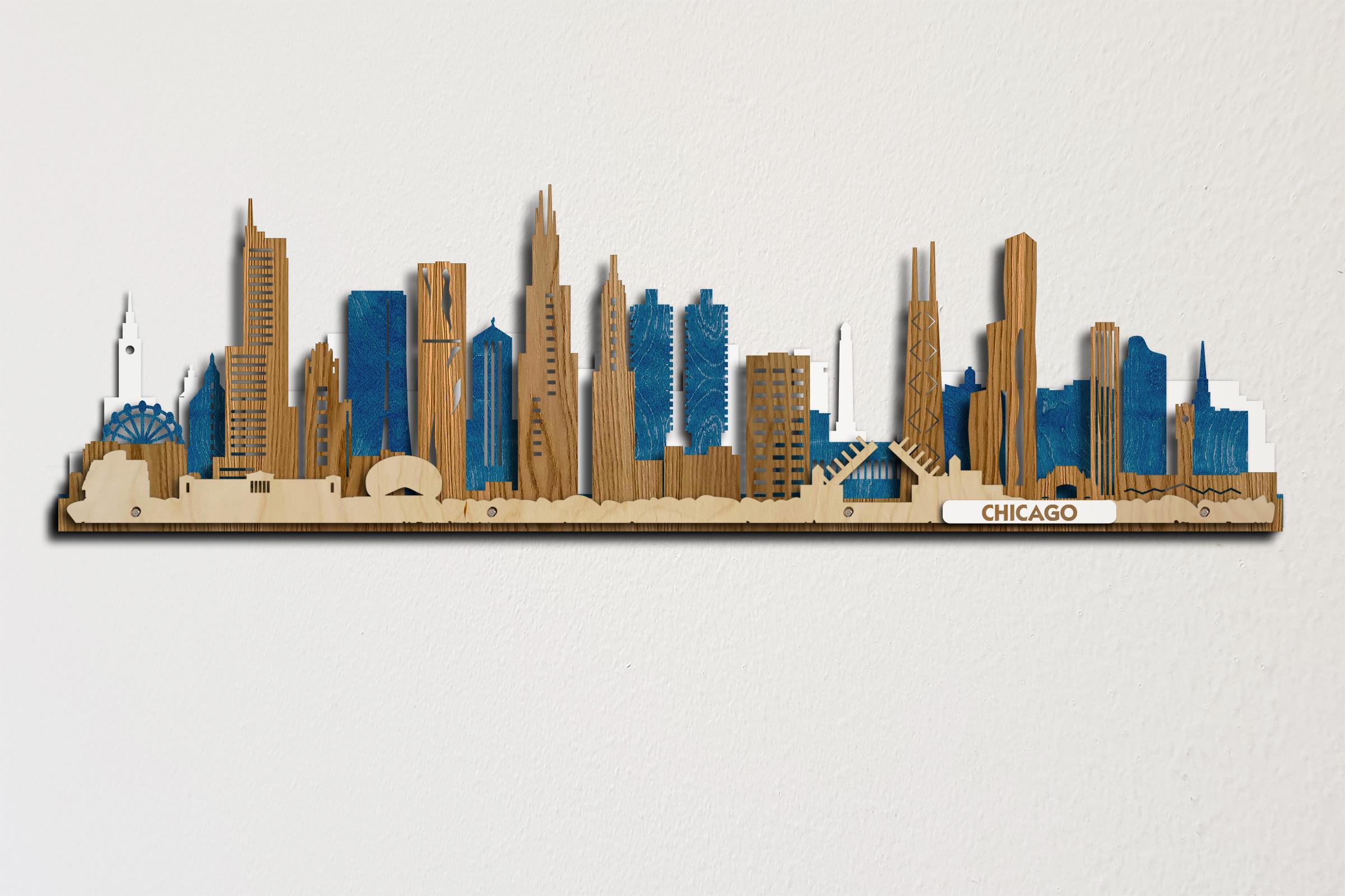 Chicago Skyline Colored 3d Wooden Cityscape Layered Laser Cut Wall Art ...