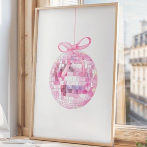 Light Pink Disco Ball Bow Print Preppy Coquette Decor, Mirror Ball ...