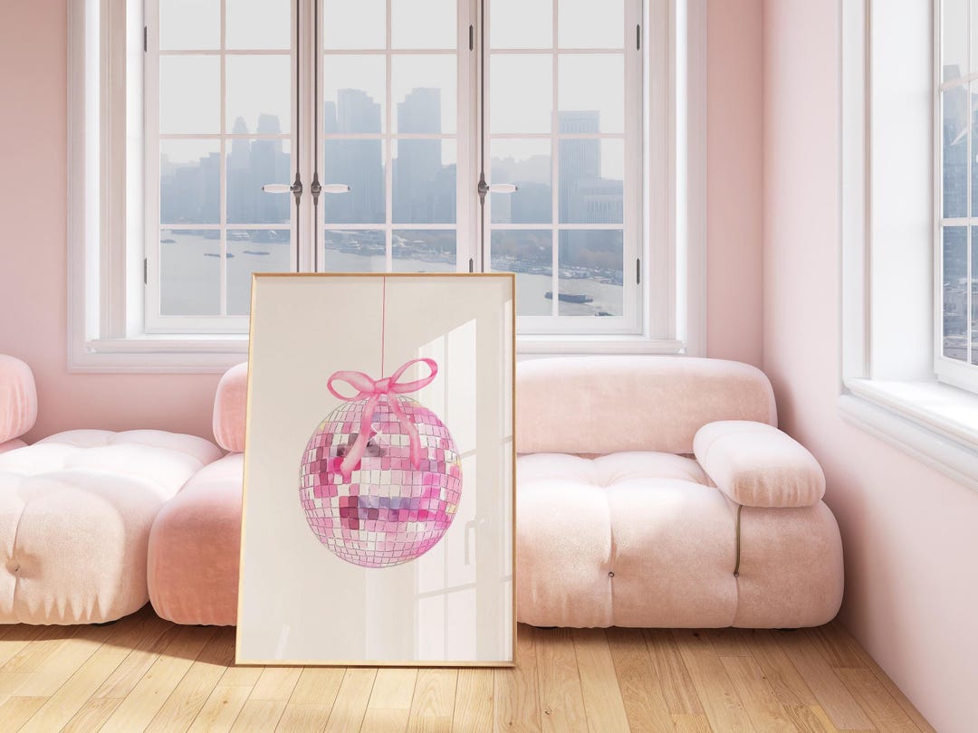 Light Pink Disco Ball Bow Print Preppy Coquette Decor, Mirror Ball ...