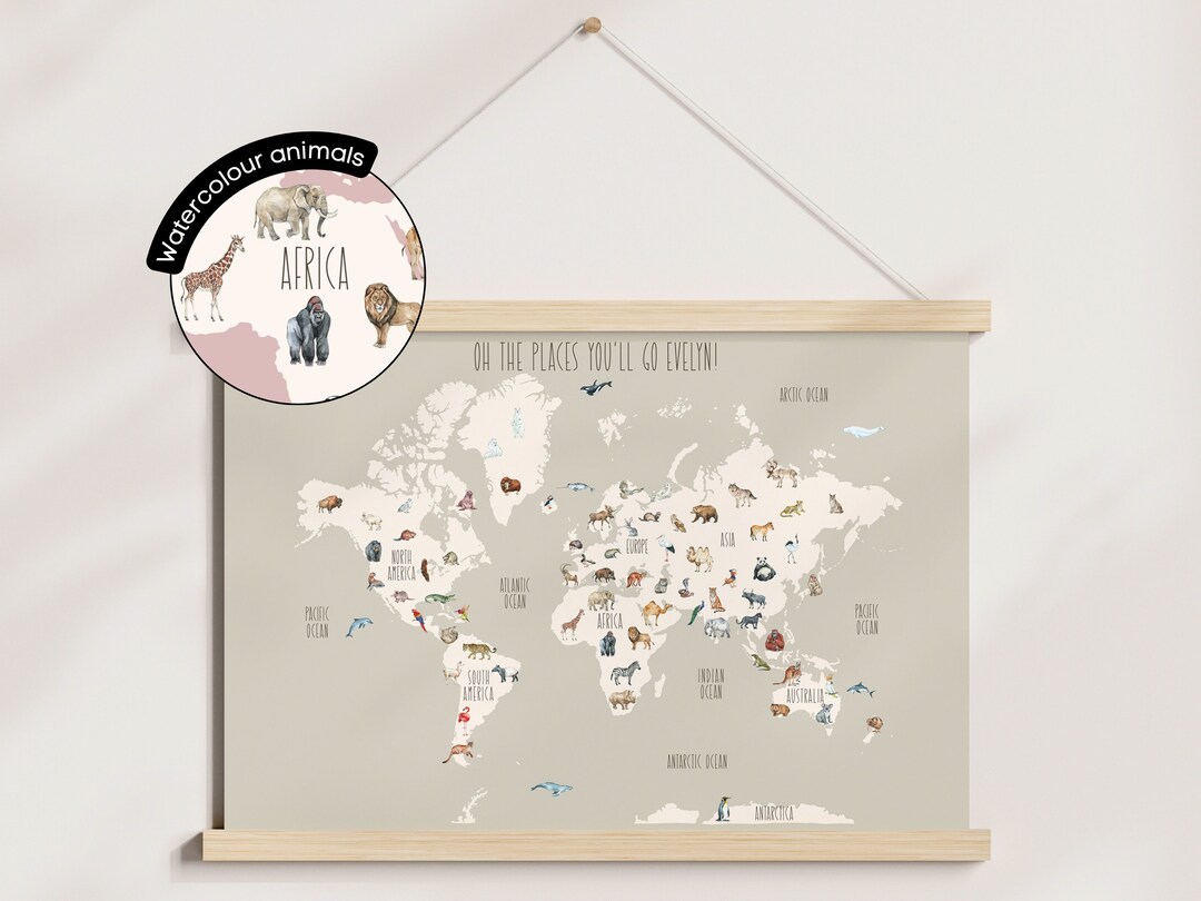 World Map Prints, A4 A0, Nursery Print, Kids Bedroom Maps, Animals of ...