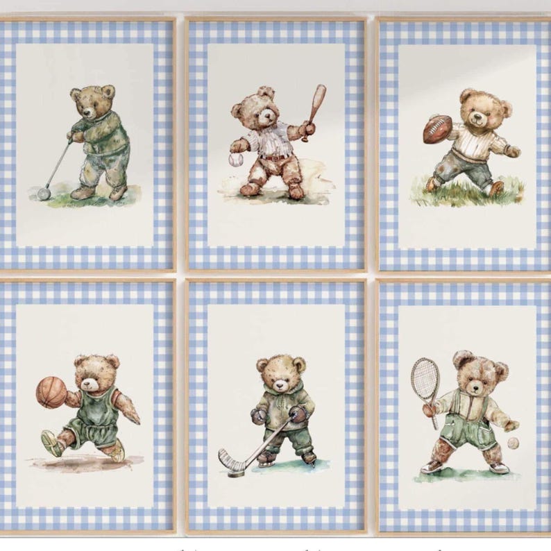 Vintage Teddy Bear Sports Prints: Gingham Plaid Set of 6 (digital ...