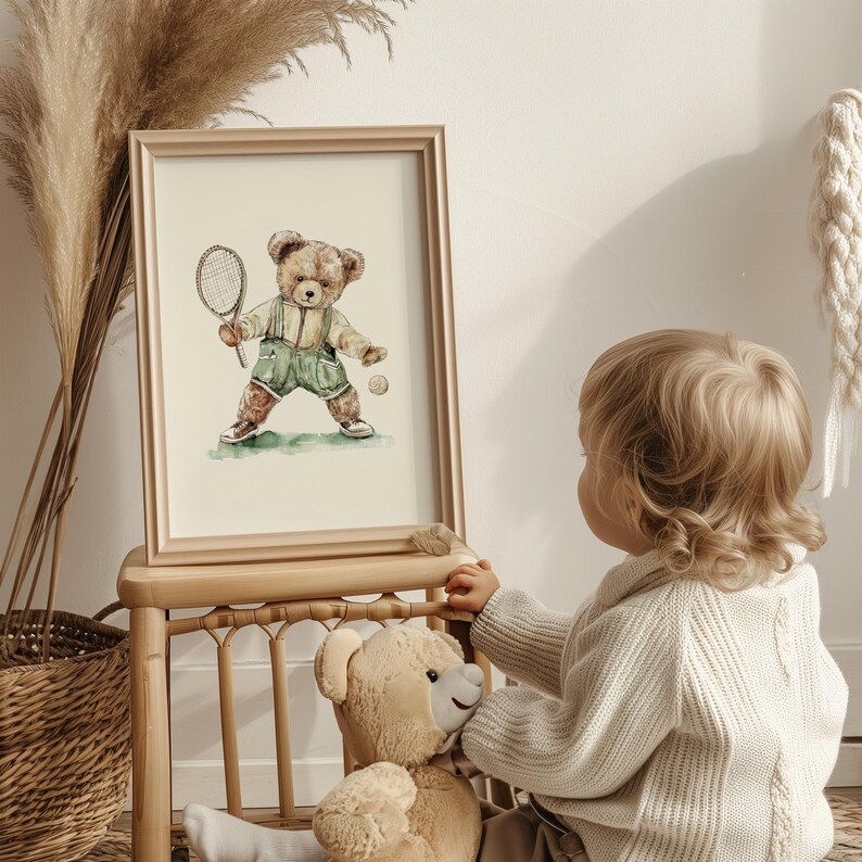 Vintage Tennis Teddy Bear Wall Art Kids Room Decor - Etsy