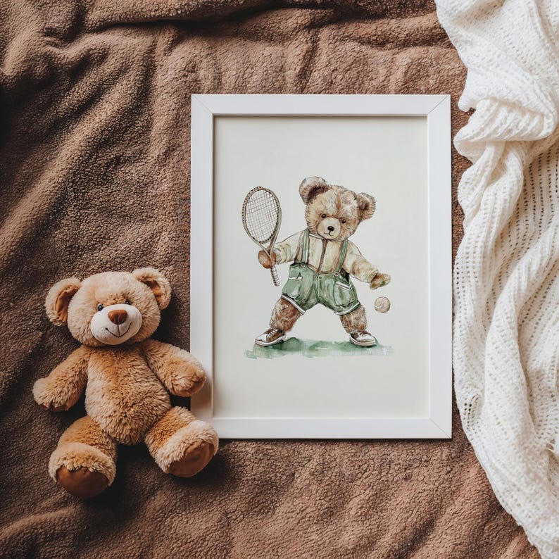 Vintage Tennis Teddy Bear Wall Art Kids Room Decor - Etsy