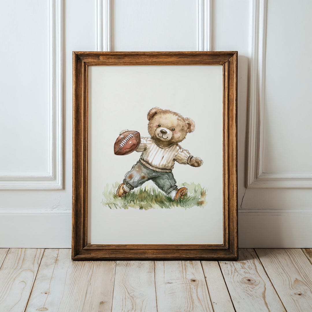 Vintage Football Teddy Bear Wall Art, Adorable Bear in Classic Football ...