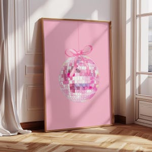 Light Pink Disco Ball Bow Print Preppy Coquette Decor, Mirror Ball ...