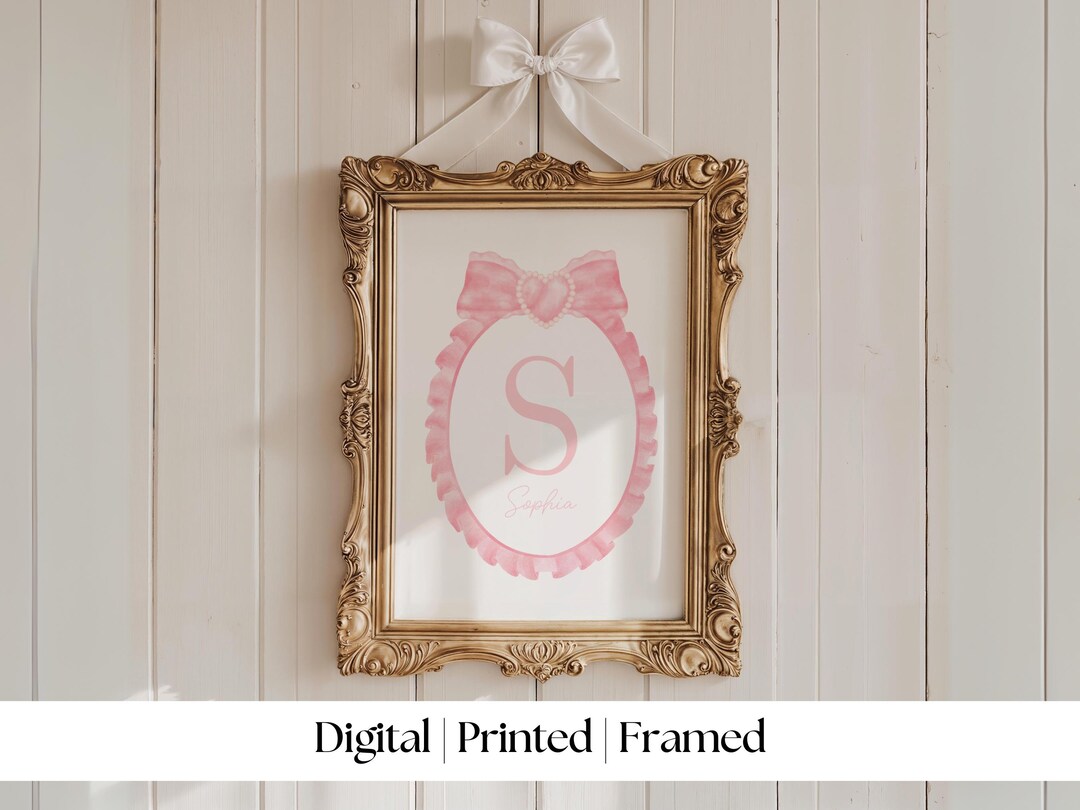Custom Vintage Pink Bow Initial Print, Baby Girl Name,personalised ...
