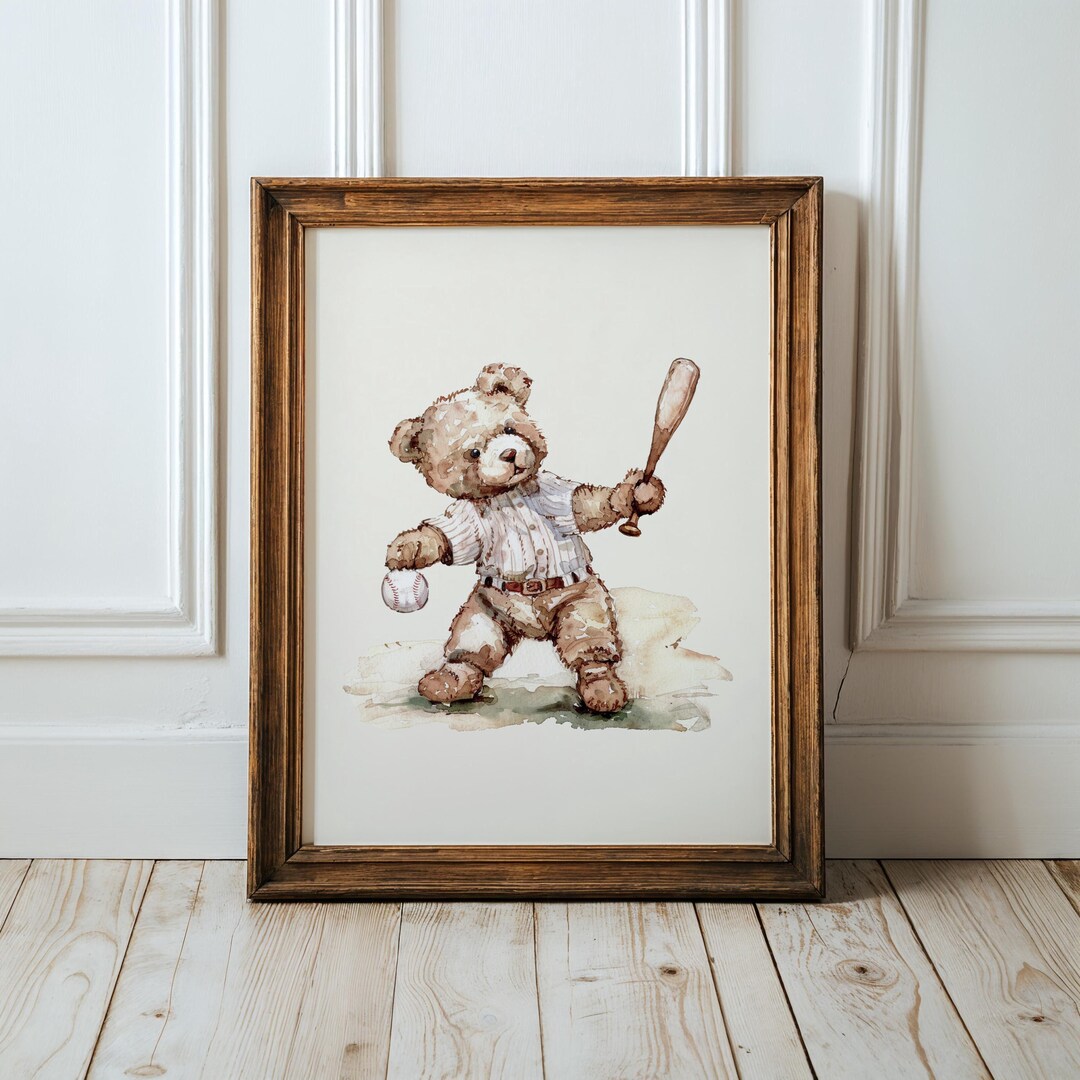 Vintage Baseball Teddy Bear Wall Art, Adorable Bear in Classic Baseball ...