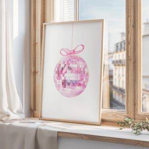 Light Pink Disco Ball Bow Print Preppy Coquette Decor, Mirror Ball ...