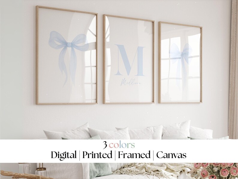 Blue Bows Initial Name Print Set • Preppy Coastal Wall Art • Print ...