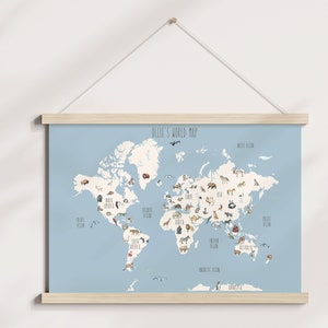 World Map Prints, A4 A0, Nursery Print, Kids Bedroom Maps, Animals of ...