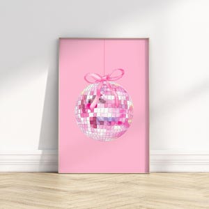 Light Pink Disco Ball Bow Print Preppy Coquette Decor, Mirror Ball ...