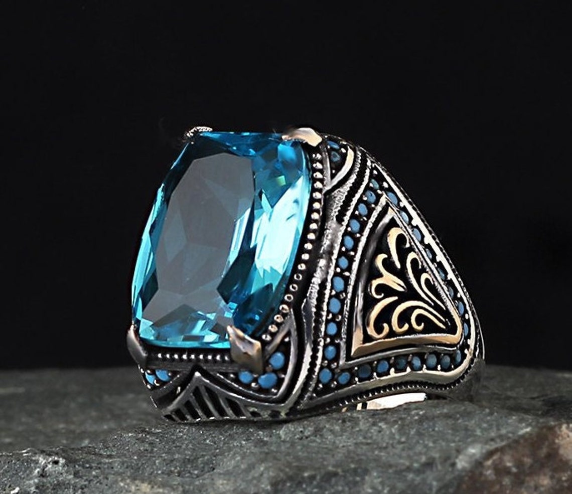 Men Silver Ring With Blue Topaz Stone in 925 Sterling Handmade Elegant ...