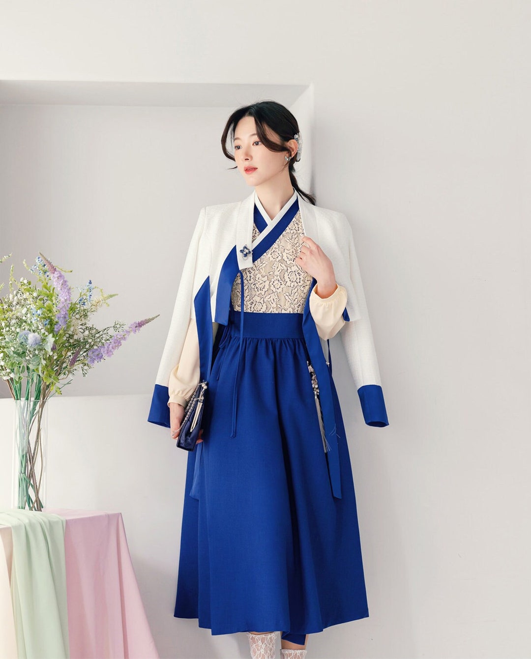 Beige Floral Lace Modern Hanbok Dress in Blue Hanbok Women Korean ...