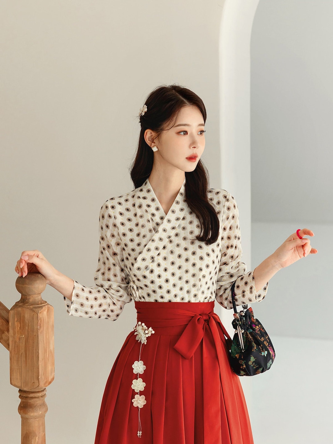 Beige Floral Pattern Modern Hanbok Dress Hanbok Women Korean Hanbok ...