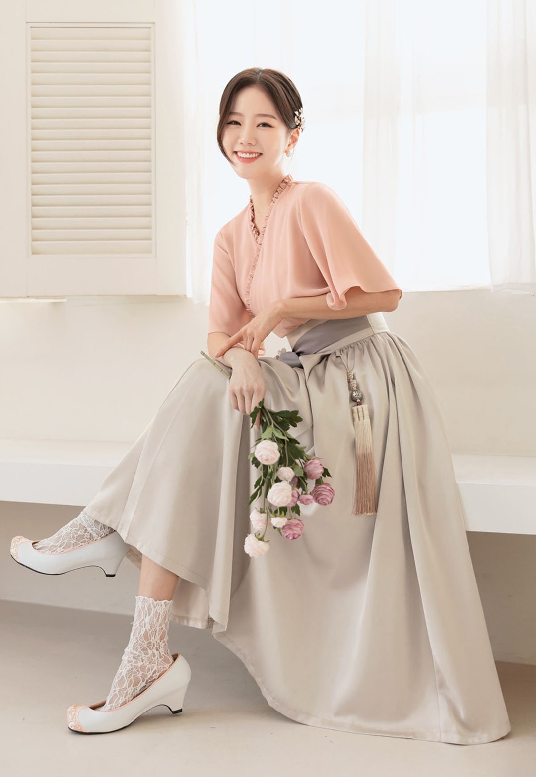 Mini Frill Blouse in Pink Modern Hanbok Jeogori Jacket Modern Korean ...