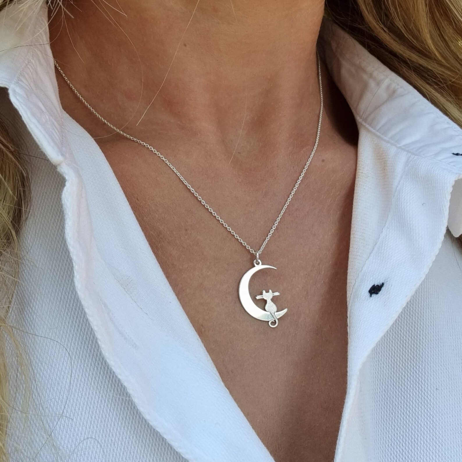 Cat on Moon Necklace, Personalized Cat Lover Gift for Women Girls, Cat ...