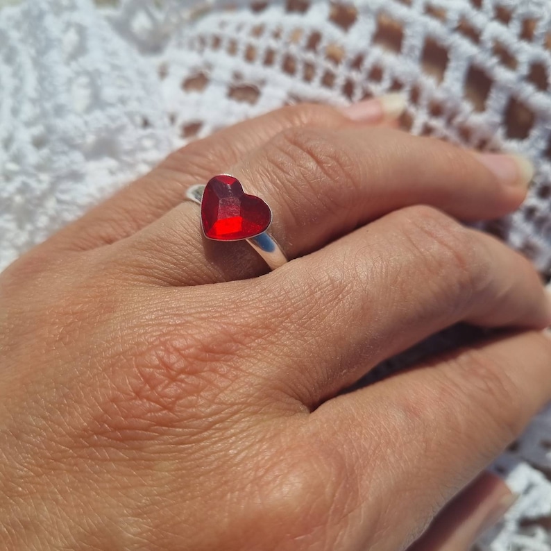 Crystal Heart Ring: Red, Light Pink, Fuchsia| Sterling Silver Love Ring ...
