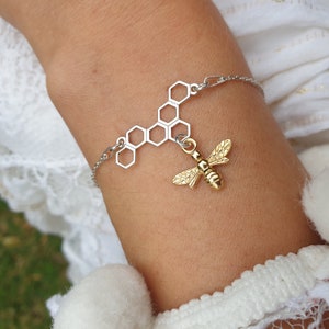 Dainty Honey Bee on a Honeycomb Bracelet Gold Silver, Tiny Bee Bracelet ...