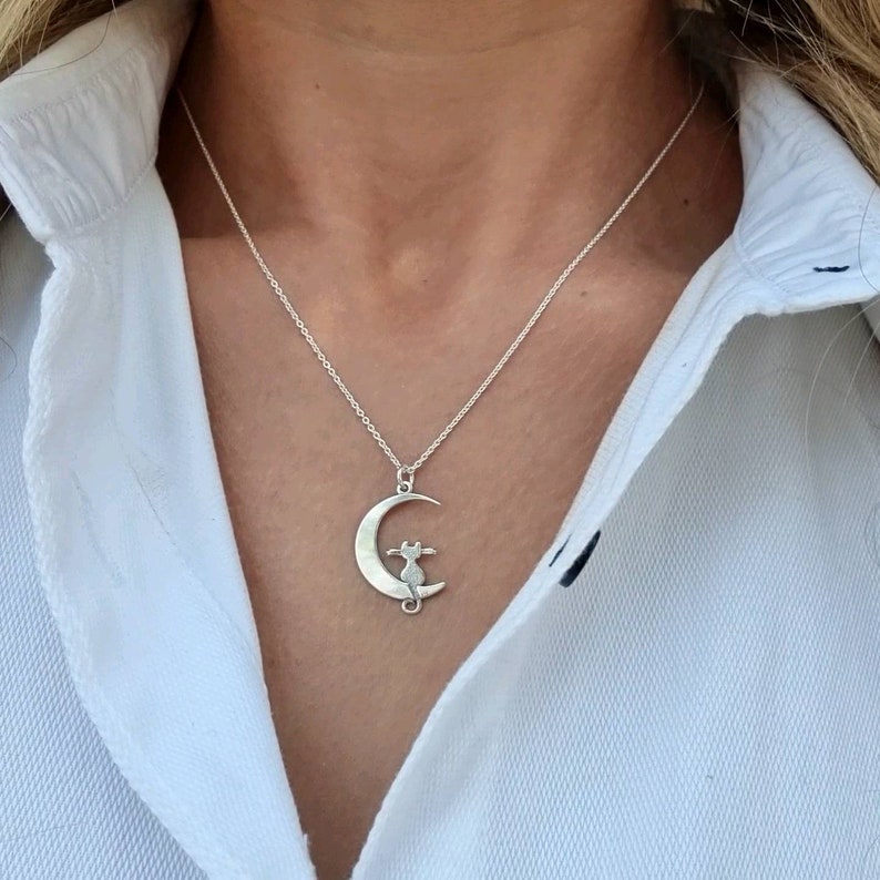 Cat on Moon Necklace, Personalized Cat Lover Gift for Women Girls, Cat ...