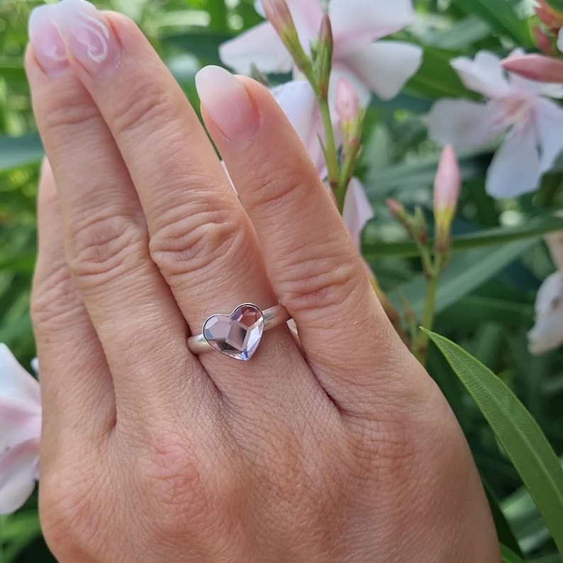 Crystal Heart Ring: Red, Light Pink, Fuchsia| Sterling Silver Love Ring ...