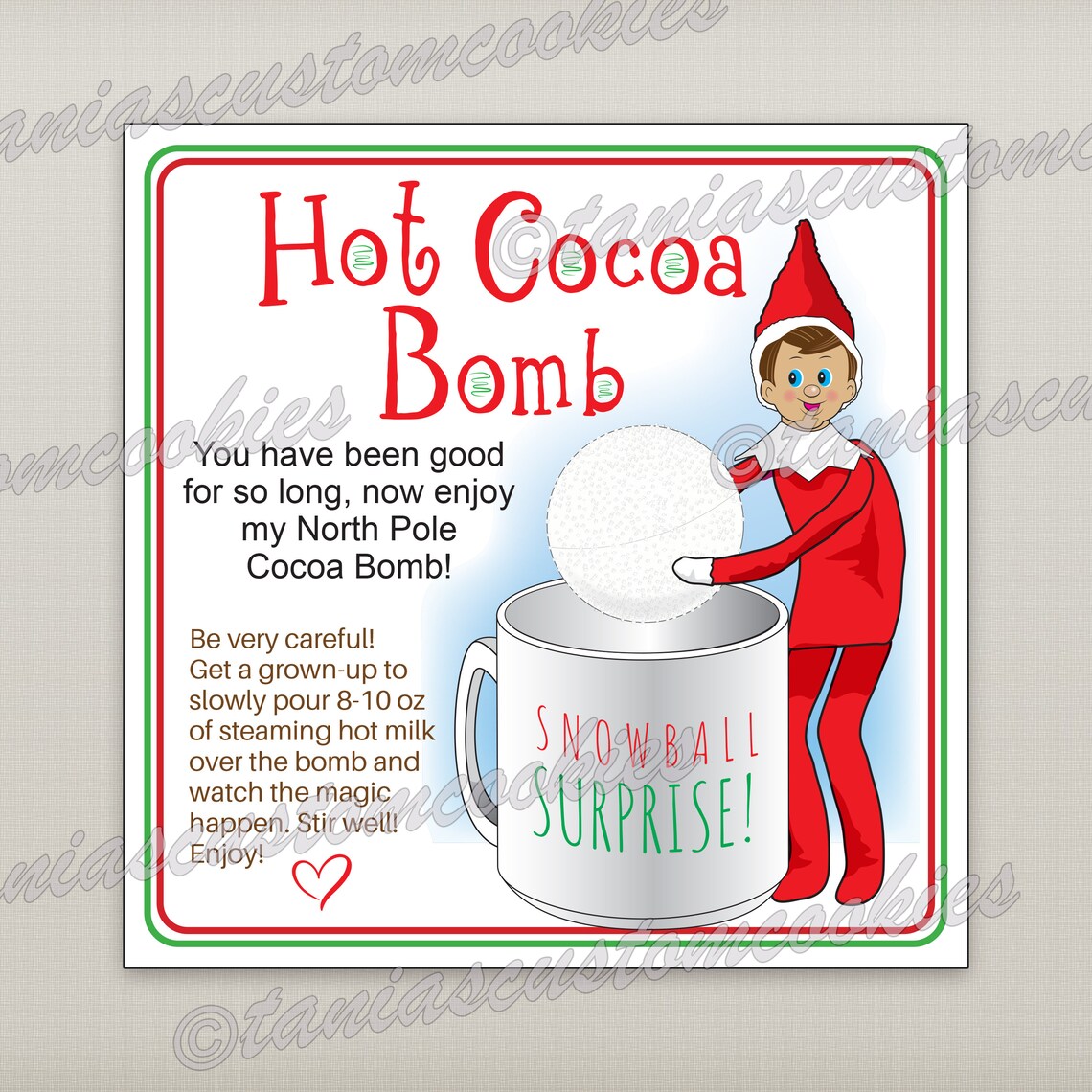 Printable Elf White Hot Cocoa Bomb 3 X 3 Inch Instruction Cards ...