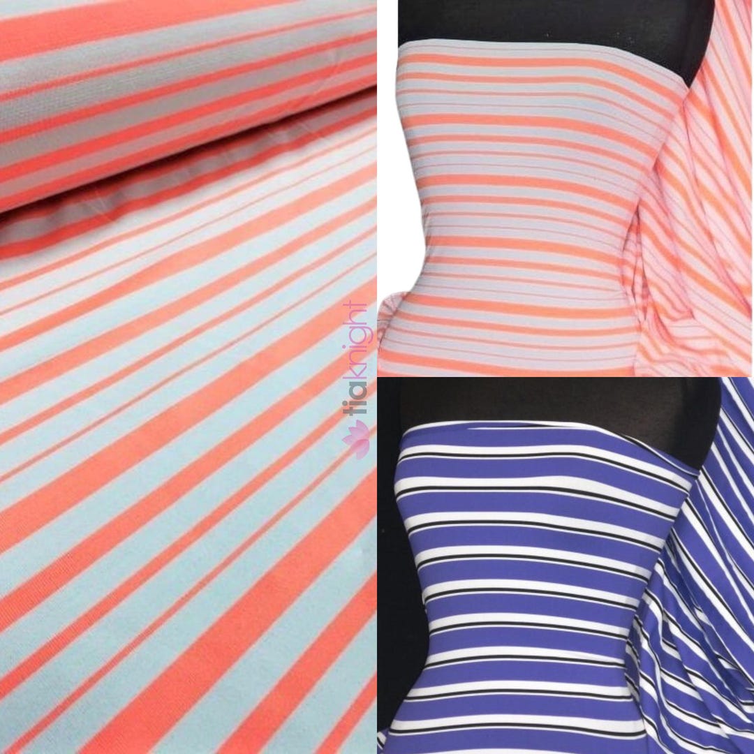 Jersey Lycra 4 Way Stretch Dressmaking Fabric- Multi Horizontal Stripes ...