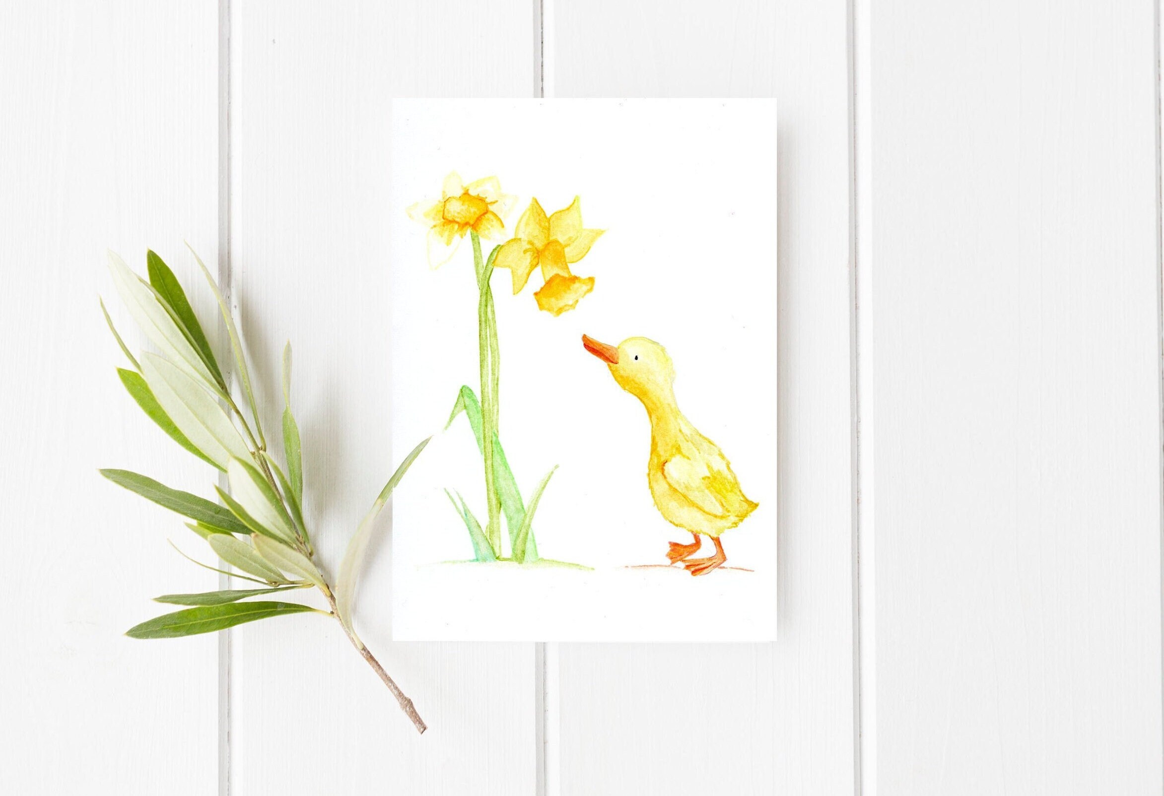 Easter Spring Watercolour Greeting Card, Duckling and Daffodil ...