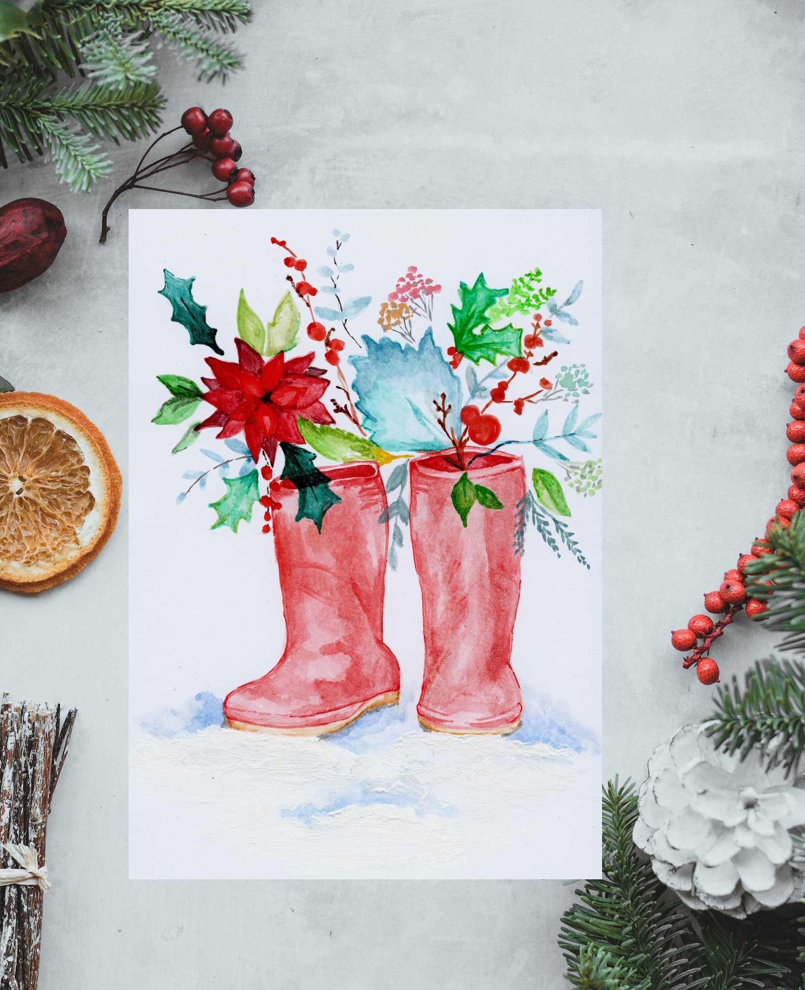 Watercolour Christmas Card christmas Boots - Etsy