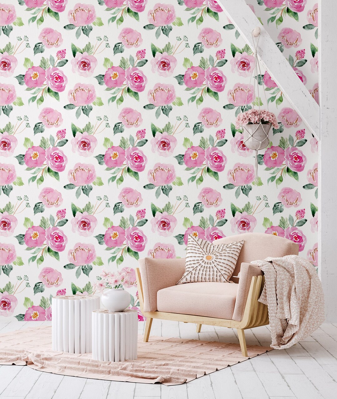 Watercolor Pink Rose Pattern Wallpaper | Self Adhesive | Peel & Stick ...