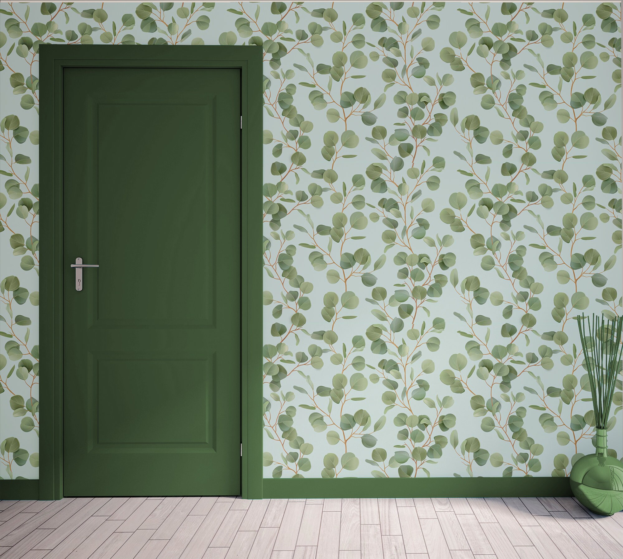 Green Wallpaper With Small Leaf Pattern Self Adhesive Peel | Etsy UK